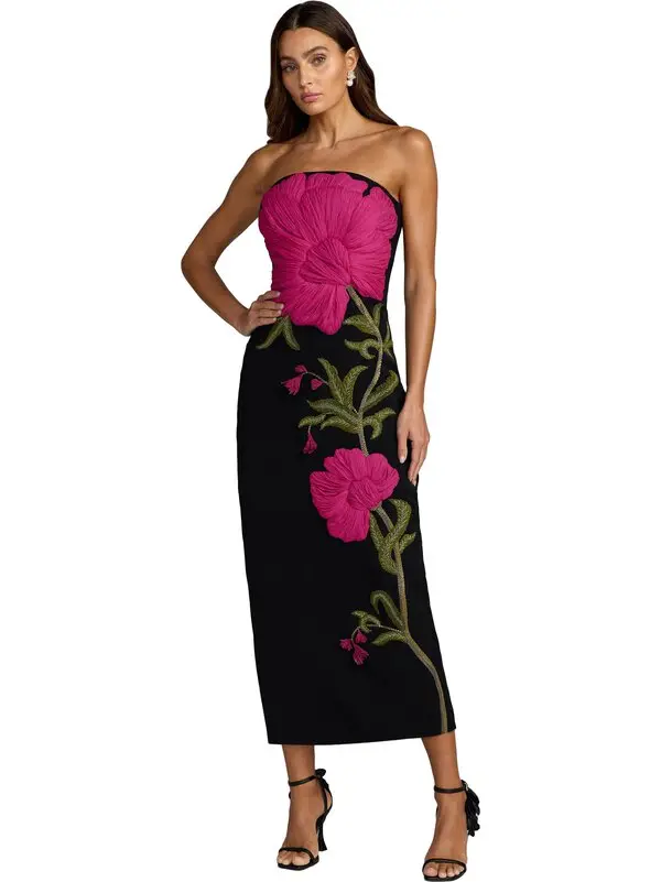 Mac Duggal Strapless Floral Embroidered Sheath Midi Dress - Black Multi