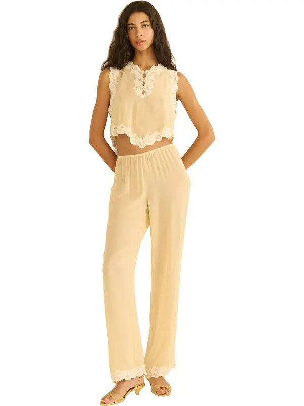 DÔEN Felise Silk Georgette Lace Trimmed Wide Leg Pants - Shell