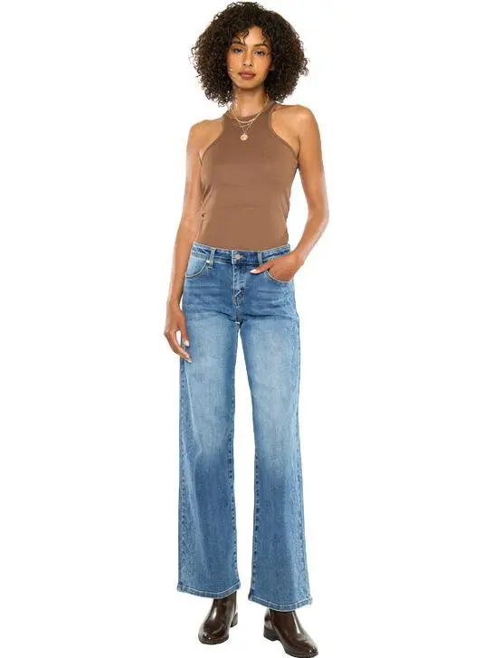 KANCAN Angelique Mid Rise Wide Flare Jeans With Snake Print Detail - Medium Wash