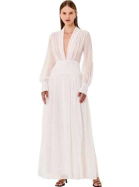 NICHOLAS Jocelyn Silk Maxi Dress With Plunging Neckline And Ruched Waist - Ivory