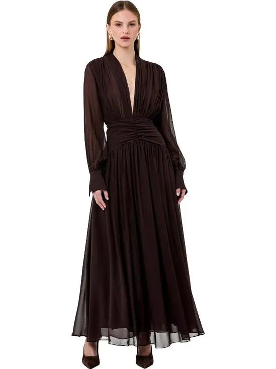 NICHOLAS Jocelyn Dress With Plunge Neckline And Ruched Waistband - Cacao