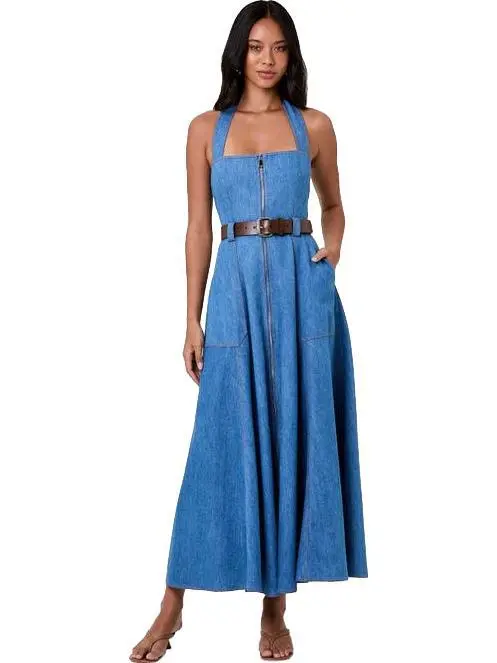 NICHOLAS Anastasia Denim Halterneck Midi Dress - Light Wash