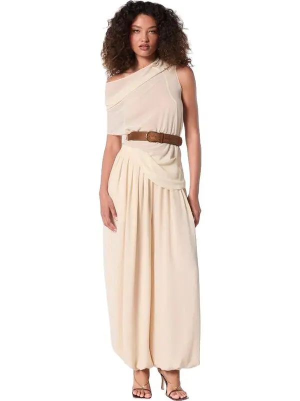 NICHOLAS Asymmetric Neckline Draped Georgette Top - Ecru
