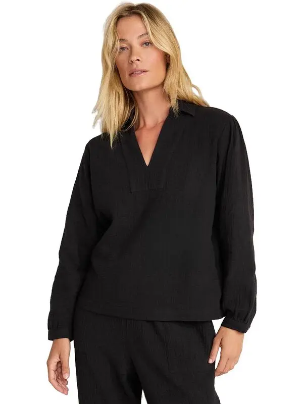 HAVEN WELL WITHIN Textured Cotton Gauze Collared Top - Black