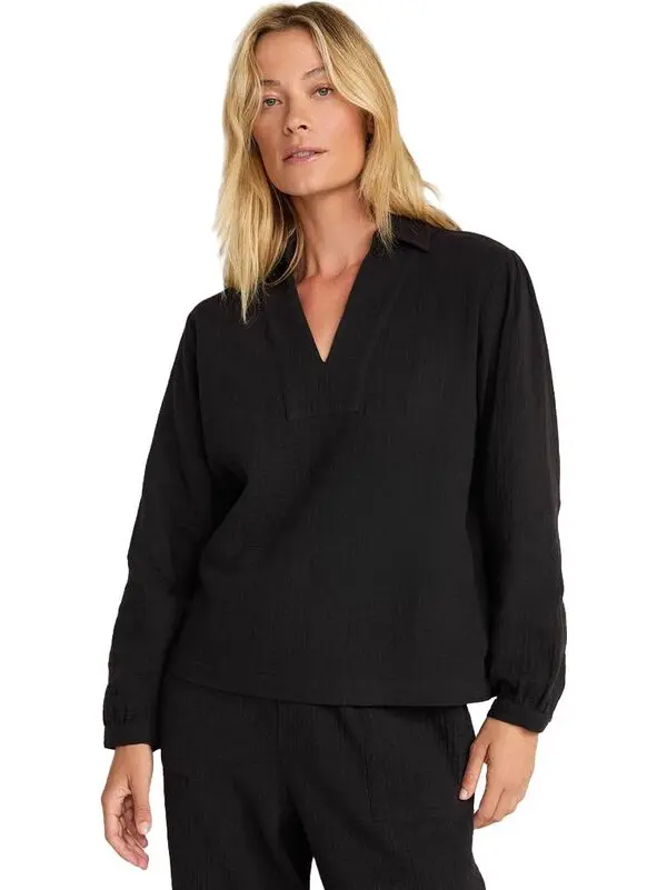 HAVEN WELL WITHIN Textured Cotton Gauze Collared Top - Black