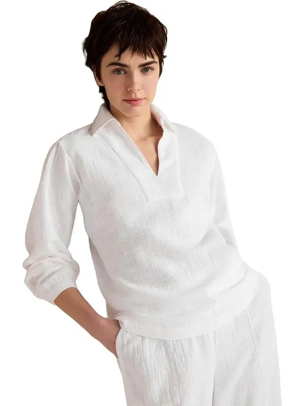 HAVEN WELL WITHIN Textured Cotton Gauze Collared Top - White