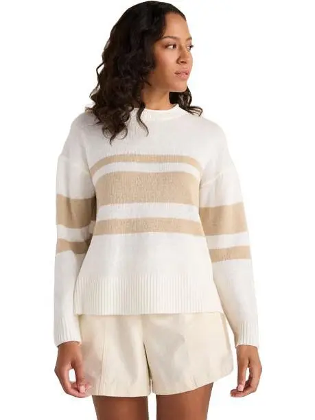 HAVEN WELL WITHIN Cotton Linen Stripe Roll Neck Sweater - Ivory/willow Bark
