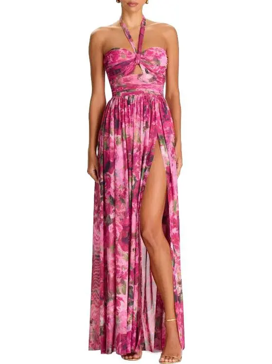 NADINE MERABI Floral Print Ruched Halter Gown - Pink