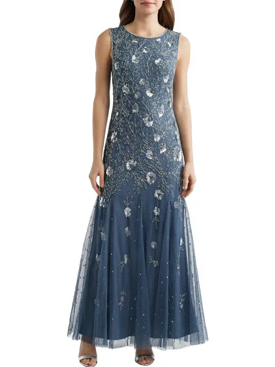 Pisarro Nights Beaded Godet Hem Maxi Dress - Grey
