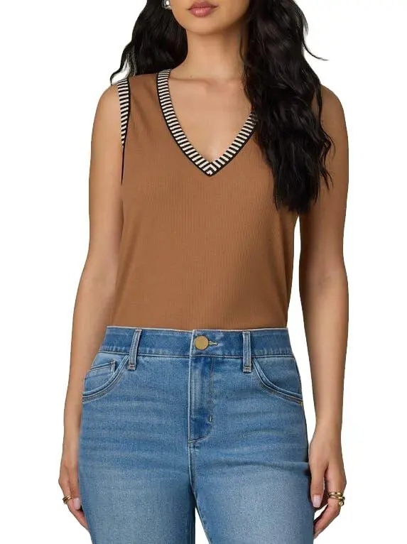 Wit & Wisdom Ribbed V-neck Tank With Contrast Binding - Camel/black