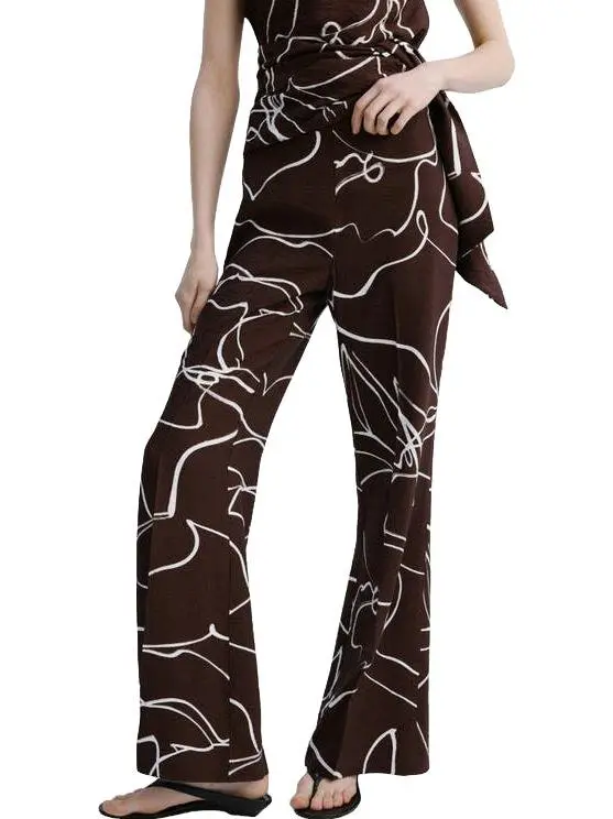 Mango Abstract Print Wide Leg Trousers - Brown