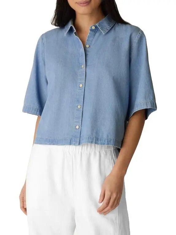 Eileen Fisher Classic Collar Short Sleeve Button-up Shirt - Light Wash