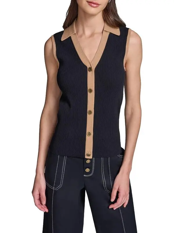 Karl Lagerfeld Paris Ribbed Sweater Vest With Contrast Collar - Midnight Navy/cartouche