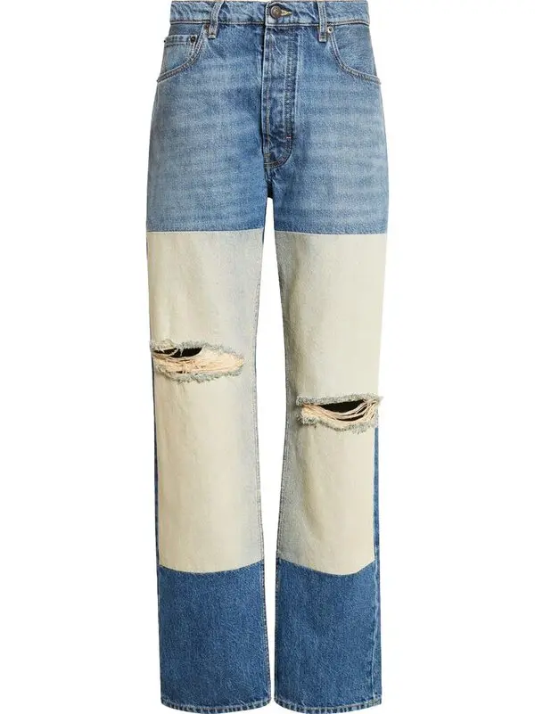 MAISON MARGIELA Ripped High Waist Patchwork Panel Straight Leg Jeans - Medium Blue