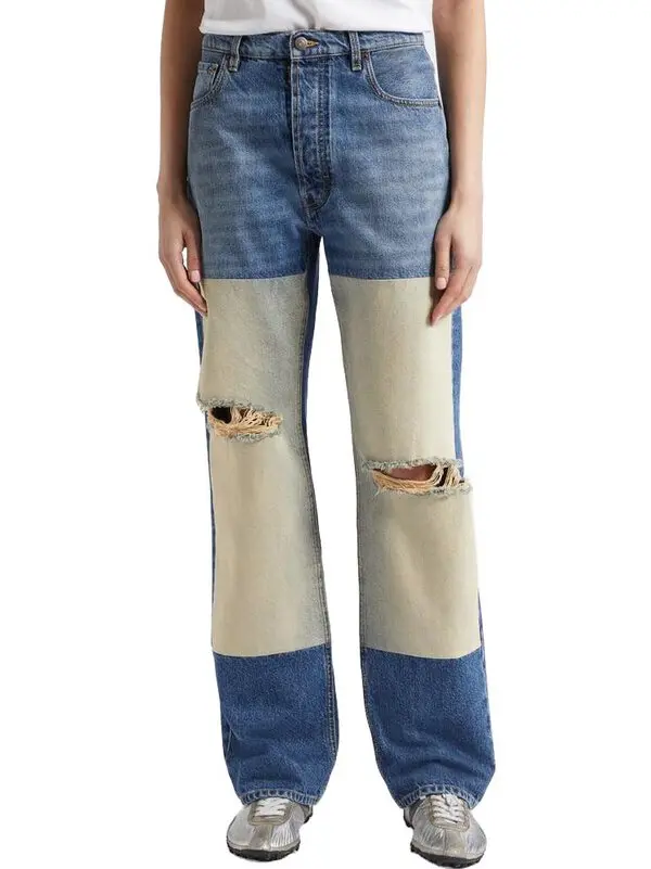 MAISON MARGIELA Ripped High Waist Patchwork Panel Straight Leg Jeans - Medium Blue