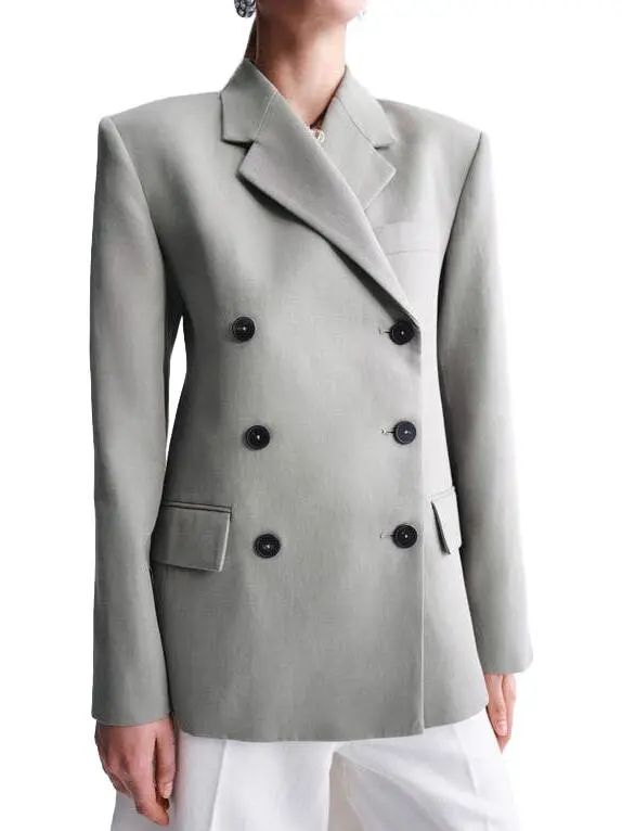Mango Double-breasted Cotton & Linen Blazer - Grey