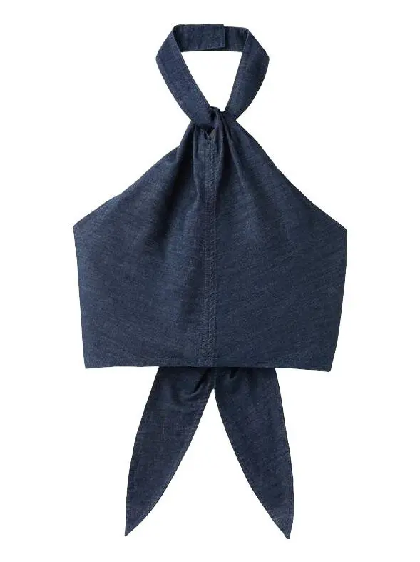 Mango Cotton & Linen Denim Crop Halter Top - Open Blue