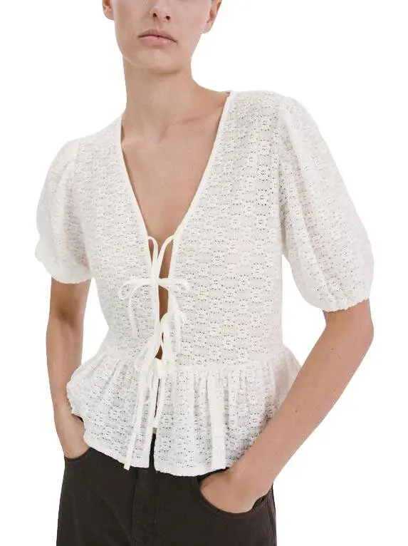 Mango Eyelet Embroidery Tie-front Peplum Shirt - Off White