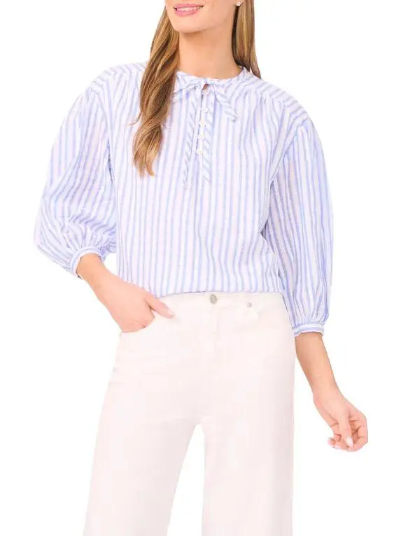 Ted Baker London Rochelle Striped Cotton Blouse With Tie Neck And Billowed Sleeves - Blue Surf