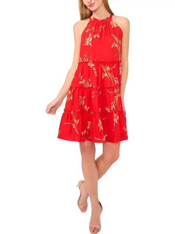CECE DUPRAZ Tiered Halterneck Floral Print Dress - Fiery Red