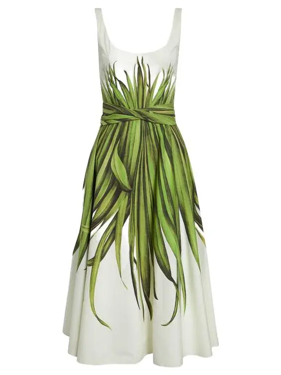 Oscar De La Renta Palm Leaves Print Cotton Stretch Poplin Midi Dress - Green/ecru