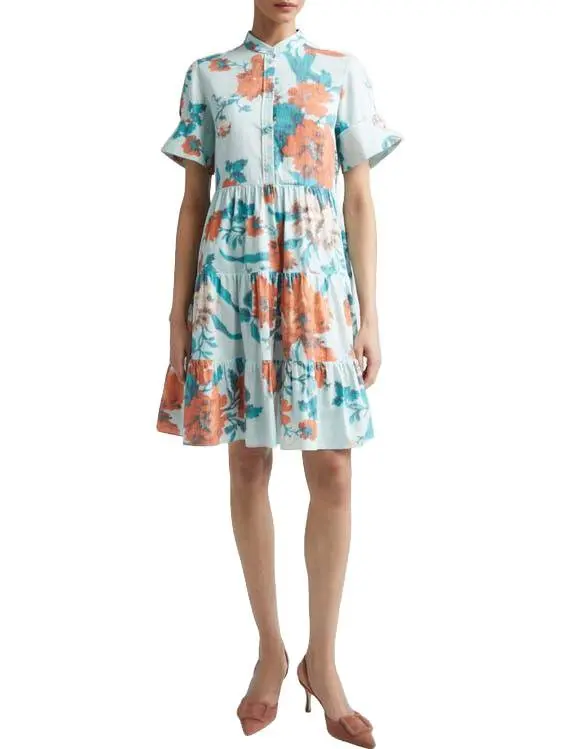Erdem Floral Print Tiered Cotton Shirtdress - Trailing Poppy Dream Blue
