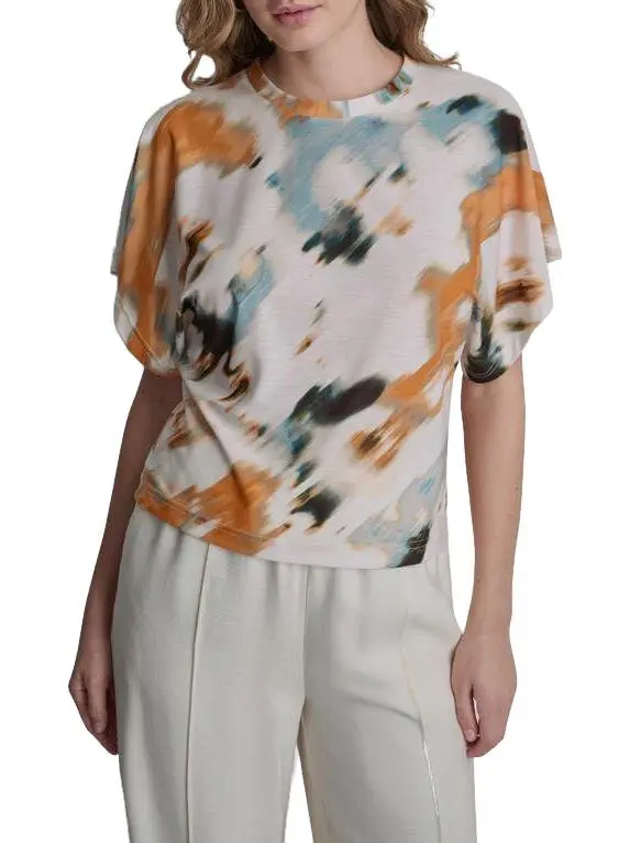 Dkny Dolman Sleeve Stretch Cotton Top With Logo Detail - Sunburst Floral