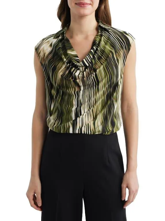 Anne Klein Sleeveless Cowl Neck Top With Extended Shoulders - Bay Leaf Multi