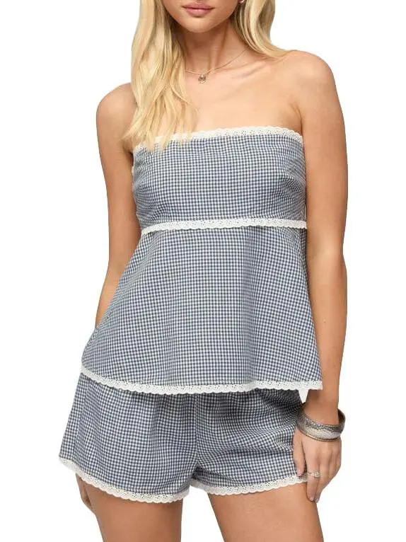 EDIKTED Ellie Lace Gingham Strapless Top - White-and-navy
