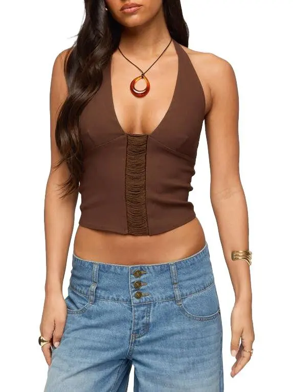 EDIKTED Alira Crop Halter Top With Fringe Trim - Brown