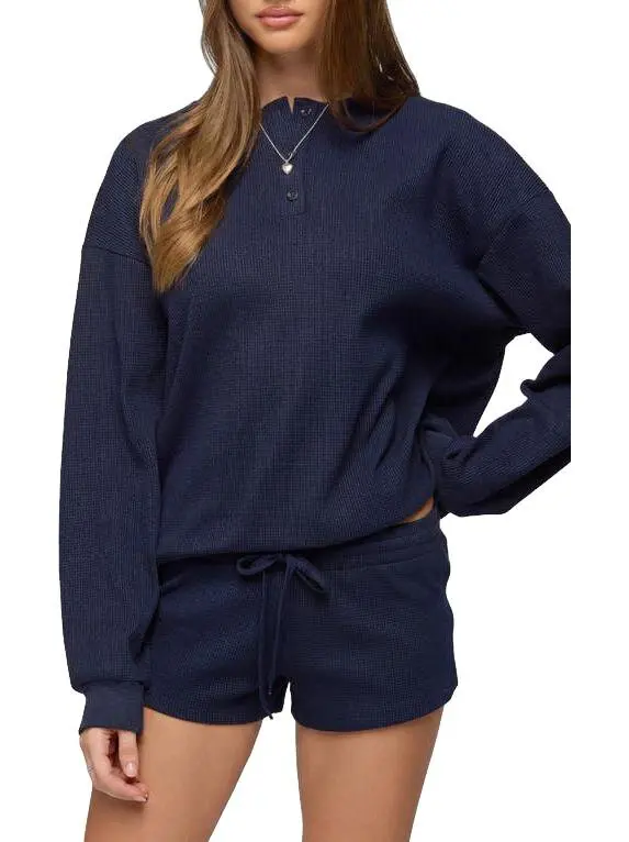 EDIKTED Baila Waffle Knit Henley Top - Navy