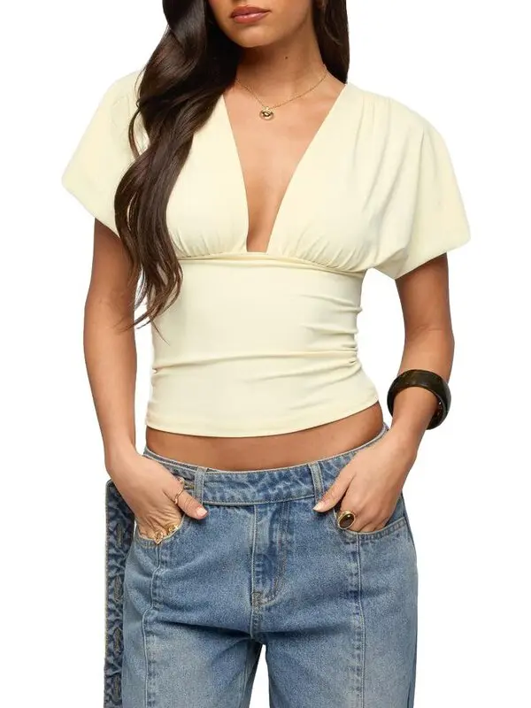 EDIKTED Flutter Sleeve Plunge V-neck Knit Top - Light-yellow