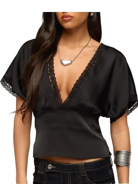 EDIKTED Ihara Lace-trimmed Cinched Waist Top - Black