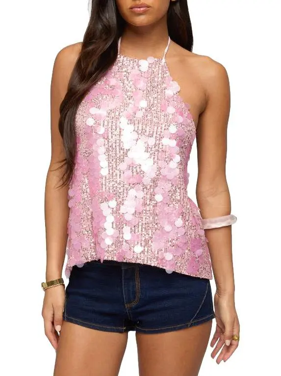 EDIKTED Halter Neck Sequin Top With Open Back - Pink