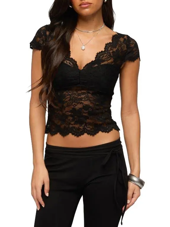 EDIKTED Elza Scallop Sheer Lace Crop Top - Black