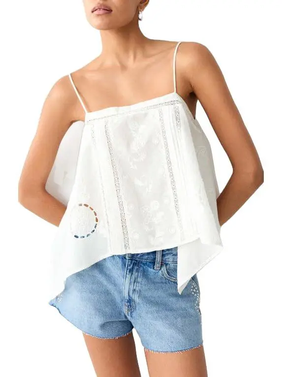 Mango Floral Embroidered Lace Inset Spaghetti Strap Top - Off White