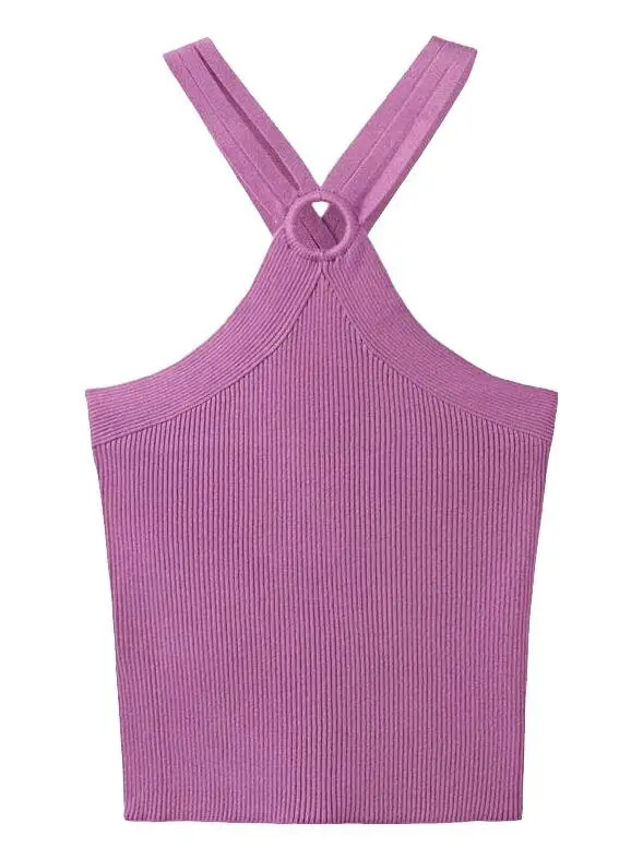 Mango Ribbed Knit Halter Top With Cutout Detail - Purple