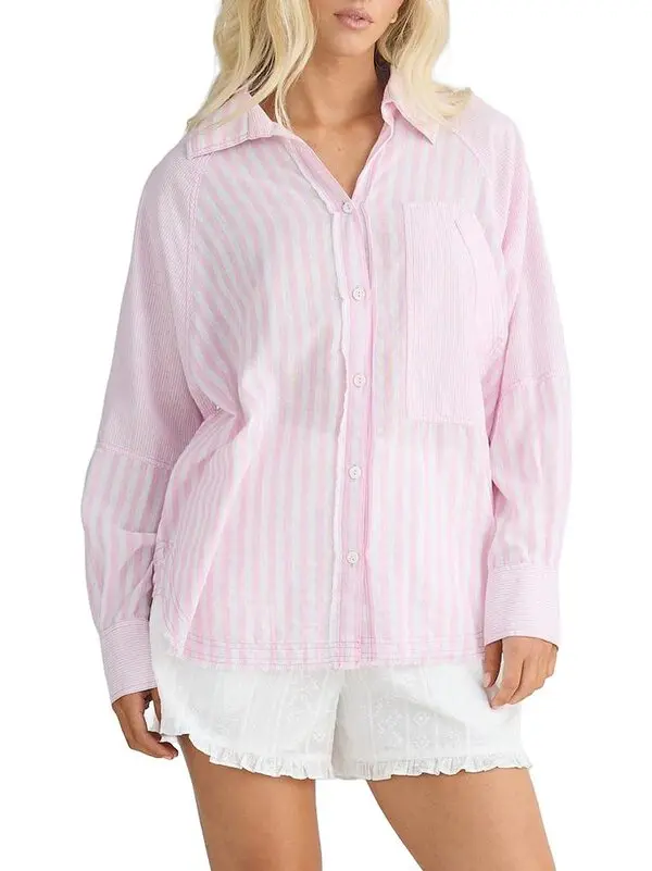 TALISMAN THE LABEL Oversize Striped Raw Edge Cotton Button-up Shirt - Pink Stripe