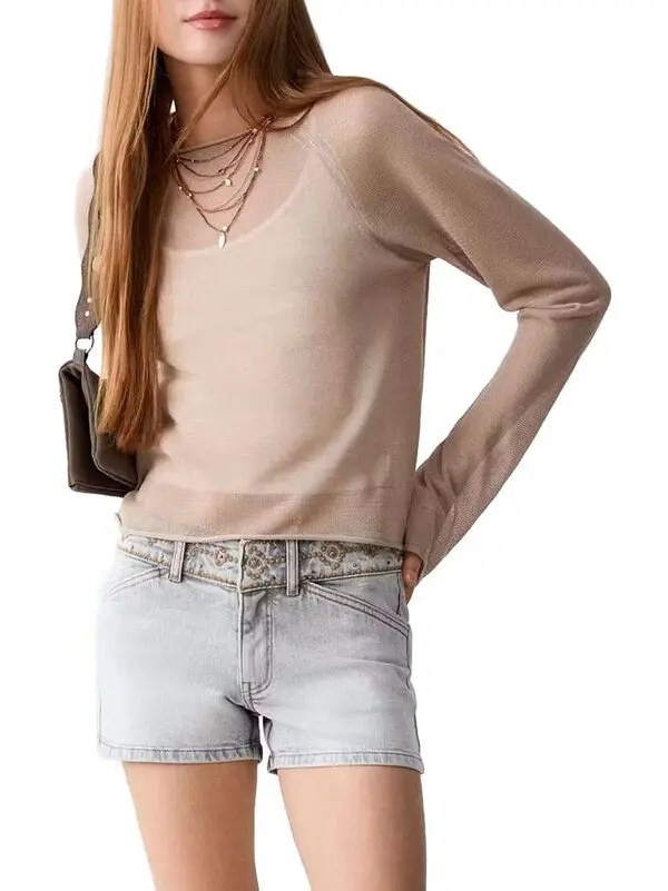 Mango Embroidered Waist Denim Mini Shorts - Denim Grey