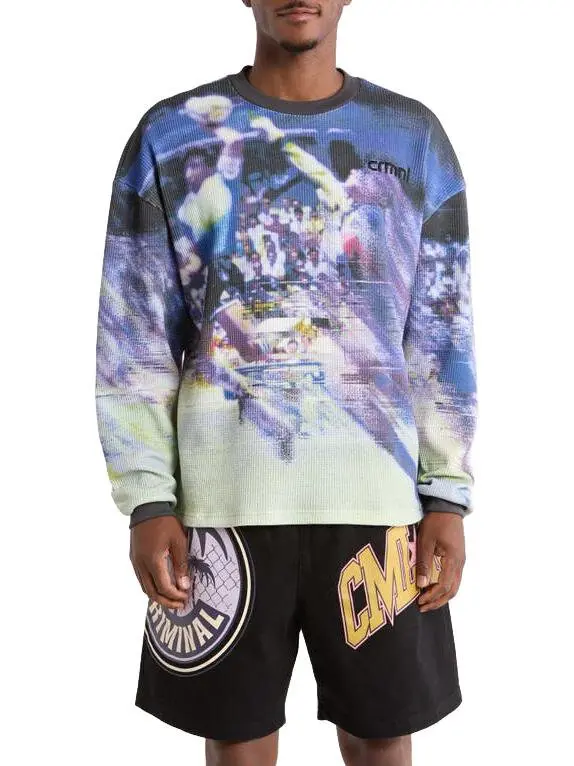 CRIMINAL DAMAGE Hand Of God Graphic Waffle Knit Long Sleeve T-shirt - Blue Multi