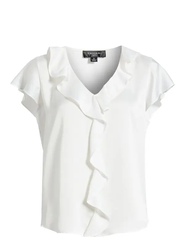 TAHARI ASL Ruffle Flutter Satin Top - Ivory