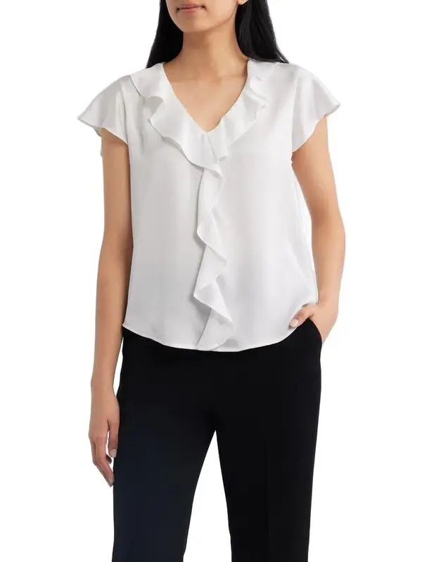 TAHARI ASL Ruffle Flutter Satin Top - Ivory