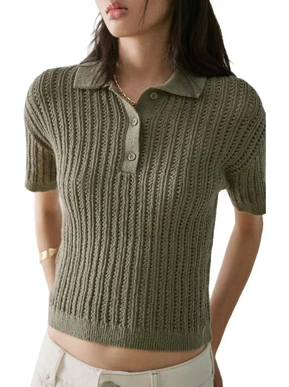 Mango Openwork Knit Polo Sweater - Khaki Green
