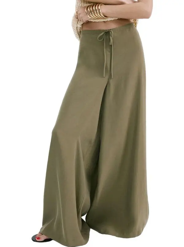Mango High Waist Wide Leg Pants - Khaki Green