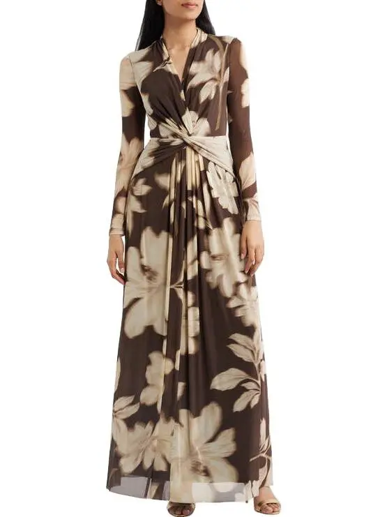 Anne Klein Floral Print Twist Front Long Sleeve Maxi Dress - Molasses Multi