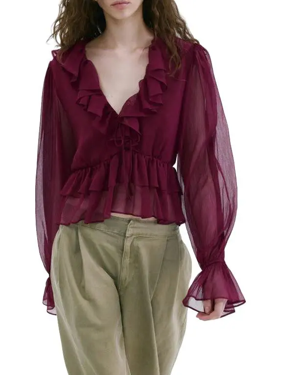Mango Sheer Ruffle Front Blouse - Maroon