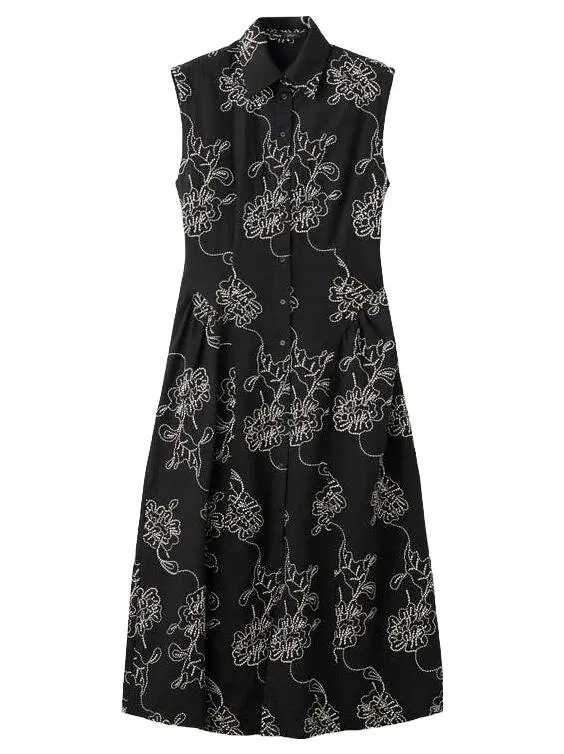 Mango Floral Embroidered Sleeveless Midi Shirt Dress - Black