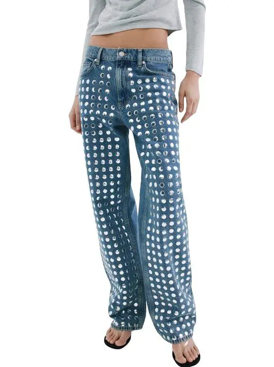 Mango Studded Straight Leg Jeans - Medium Blue
