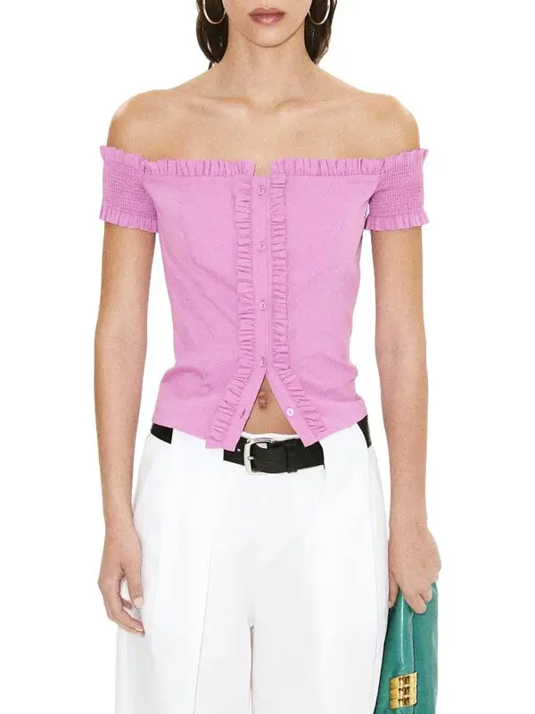 Mango Off-the-shoulder Ruffled Cropped Shirt - Pastel Pink