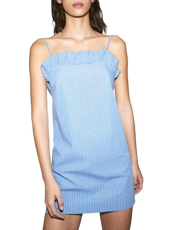 Mango Frill Neck Cotton Mini Dress - Blue